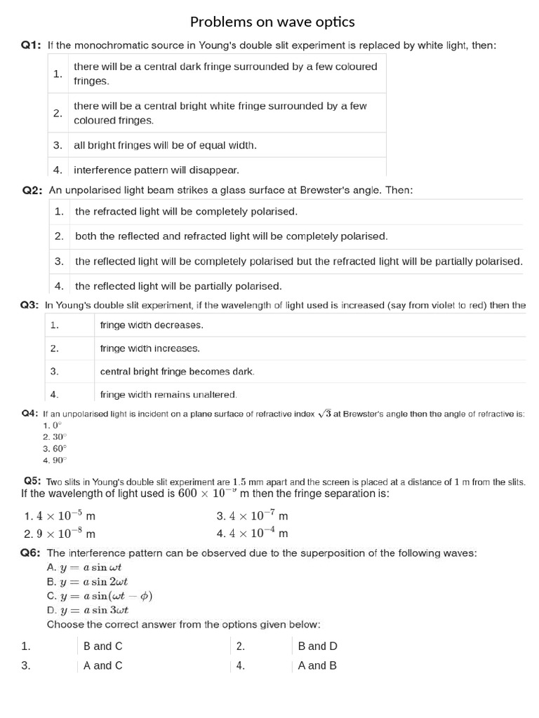 Problems on wave optics | PDF