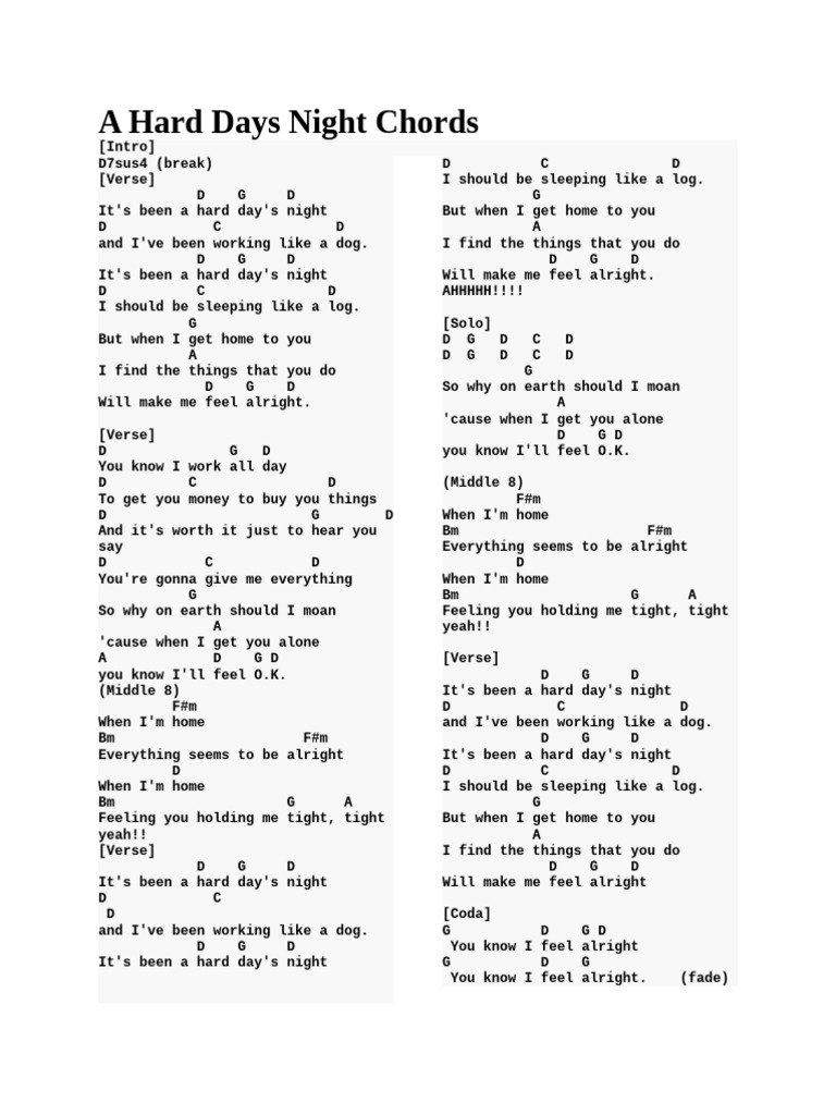 A Hard Day's Night Chords & Lyrics | PDF | Song Structure | Songs