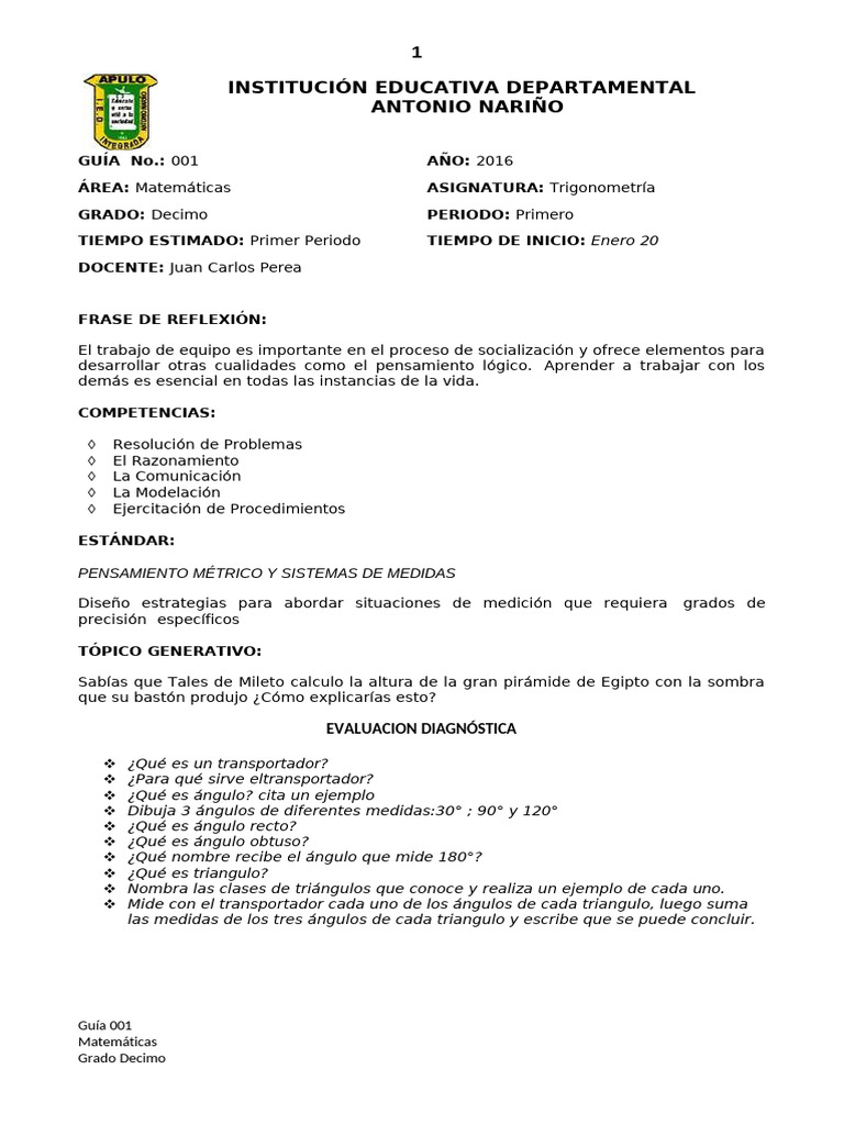 Guia de Matematicas Grado Decimo Primer Periodo | PDF | Triángulo ...