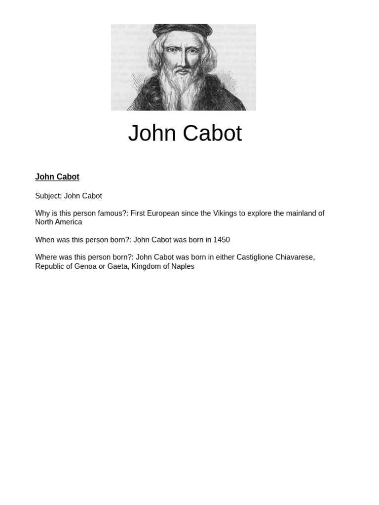 John Cabot Social Studies Explorer Project Grade 7 | PDF