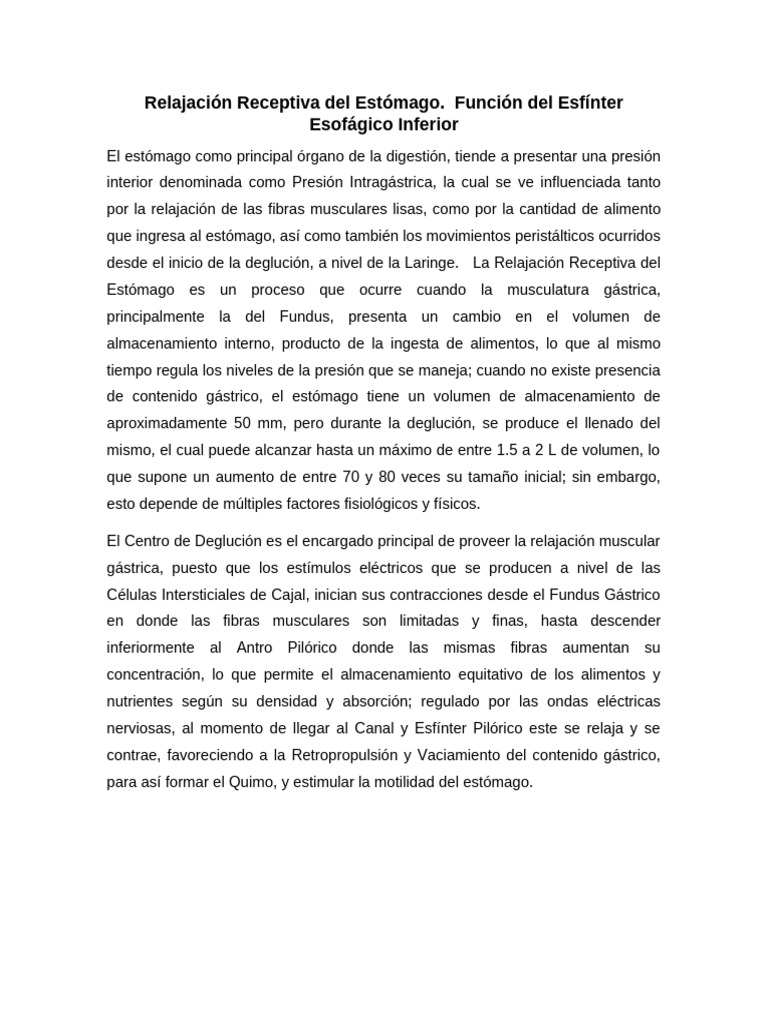 Relajación del Estómago y Esfínter Esofágico | PDF | Estómago | Esófago