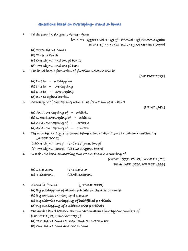 Questions Based On Sigma, Pie Bonding and Hybridisation | PDF ...