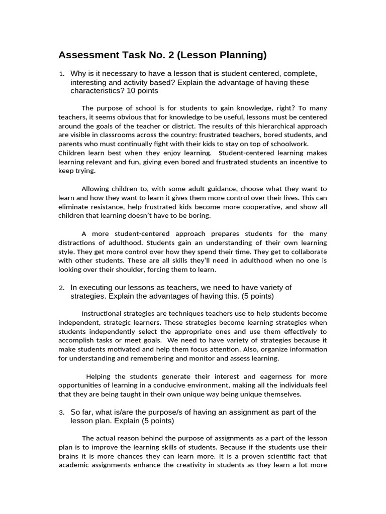 Assessment Task (LESSON PLANNING) | PDF | Teachers | Learning
