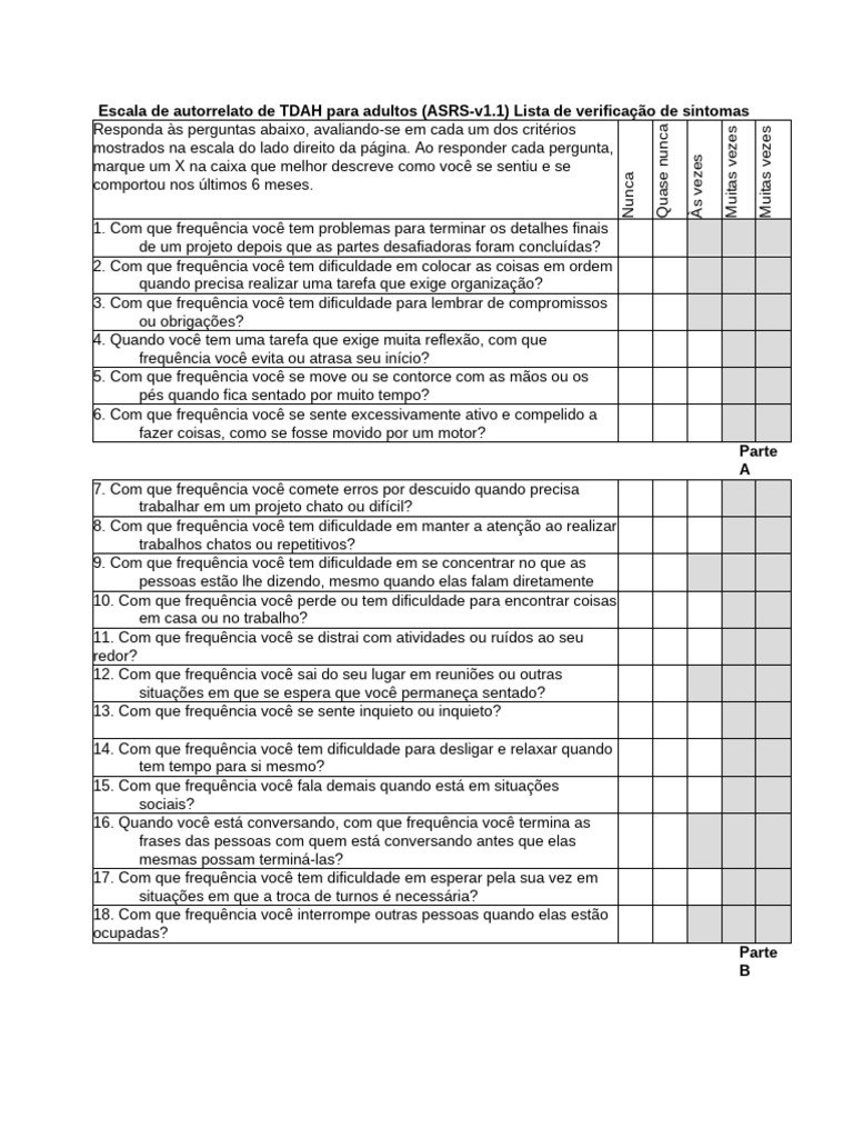 Lista de Verificação de Sintomas Da Escala de Autoavaliação Do TDAH em ...