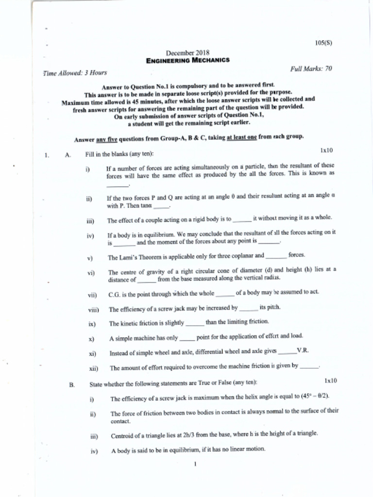 Diploma 2nd Sem Engineering Mechanics Dec 2018 | PDF