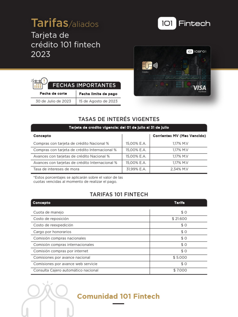 Tarifas y Tasas Tarjeta 101 Fintech | PDF
