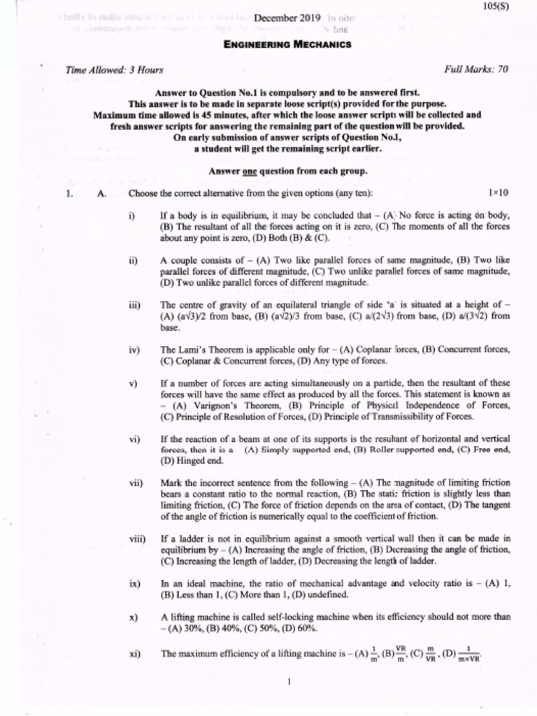 Diploma 2nd Sem Engineering Mechanics Dec 2019 | PDF