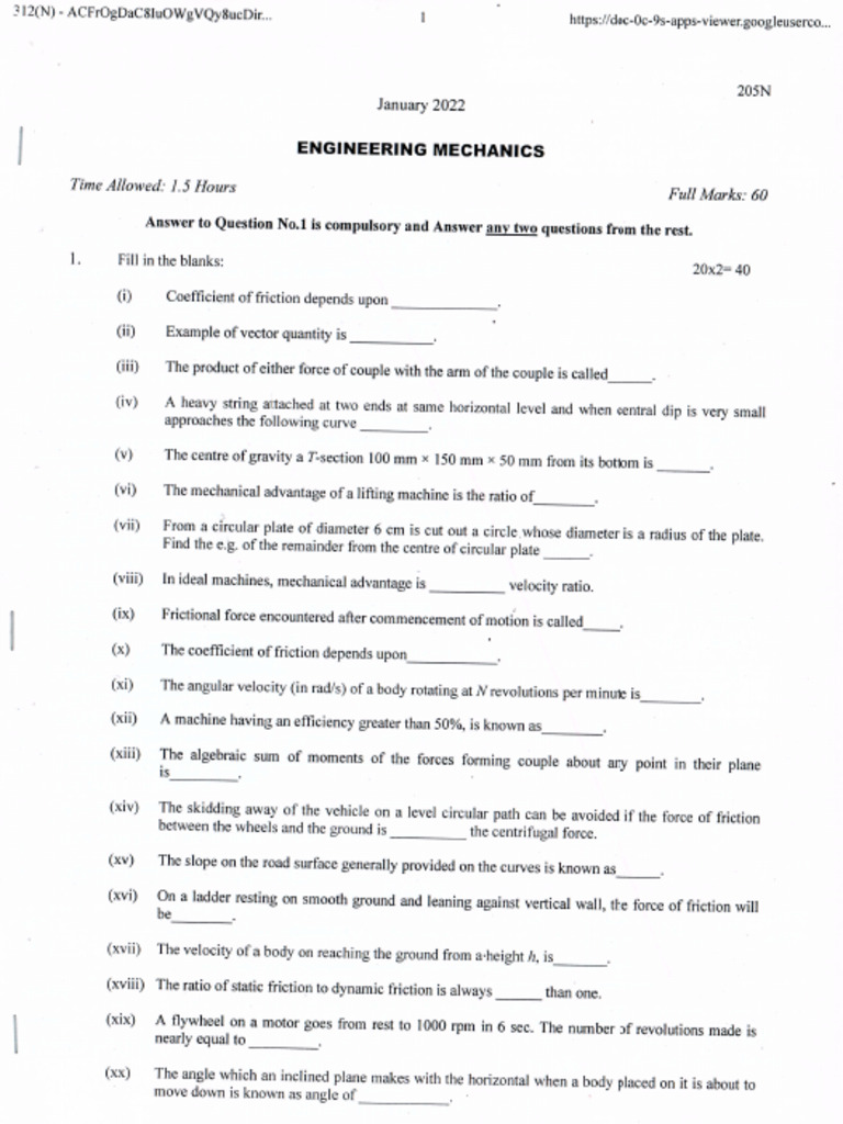 Diploma 2nd Sem Engineering Mechanics Jan 2022 | PDF