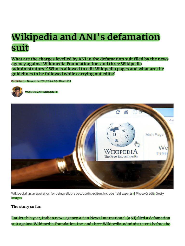 Wikipedia and ANI's Defamation Suit | PDF | Wikipedia | Defamation