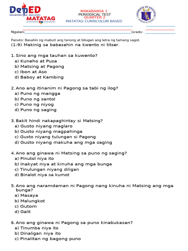 Pt Grade 1 Matatag Makabansa 1.Docx | PDF
