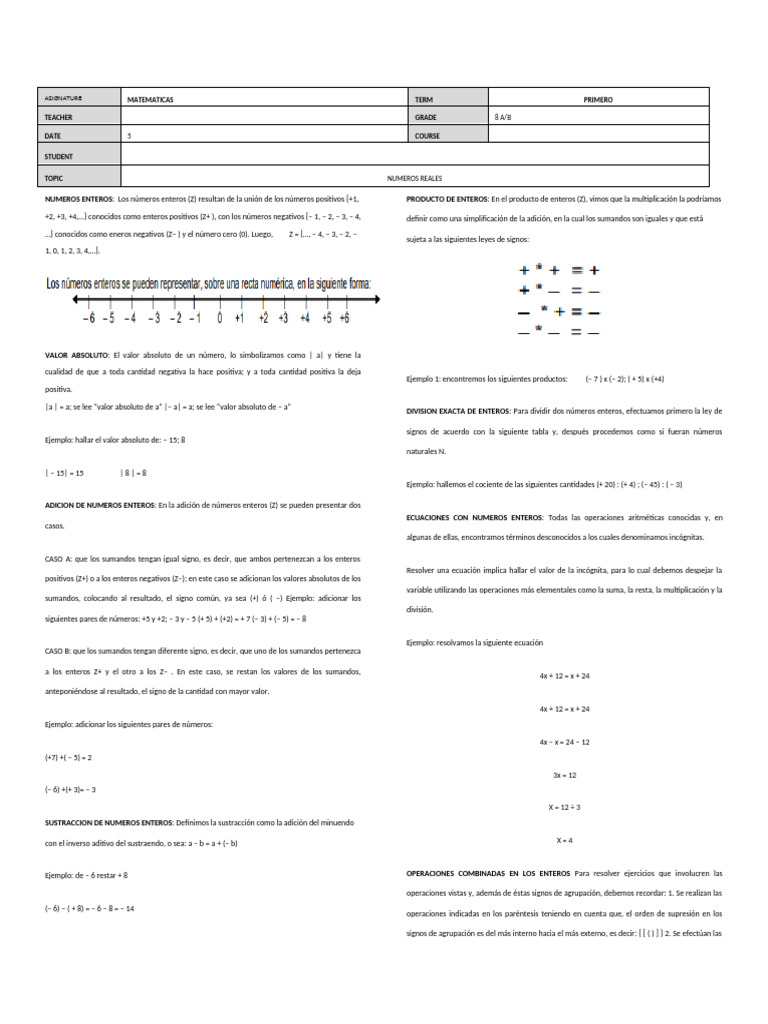 Guia 1 - Numeros Enteros Ultimmmm | PDF | Sustracción | Entero