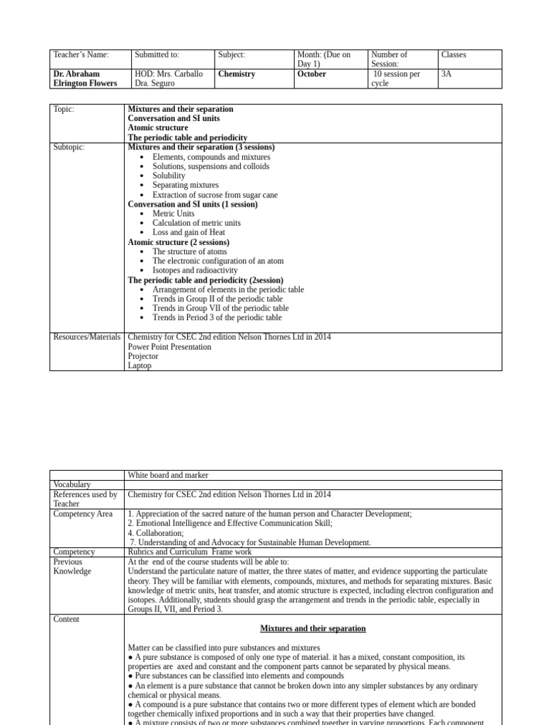 Lesson Plan 2 Mixtures and and Separation | PDF | Atoms | Mixture