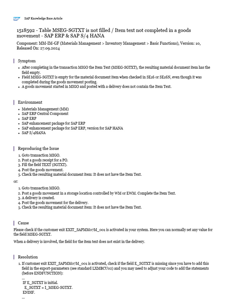 Table MSEG-SGTXT Is Not Filled Item Text Not Completed in A Goods | PDF ...