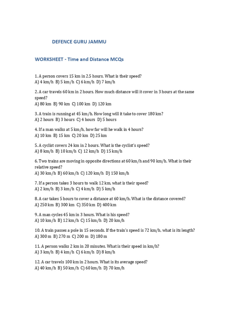 Time and Distance MCQs Worksheet | PDF
