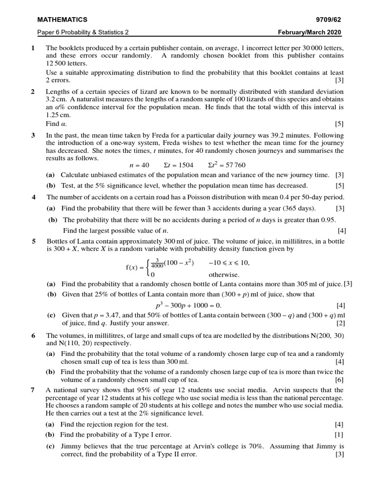 S2 Past paper 2020 | PDF | Variance | Errors And Residuals