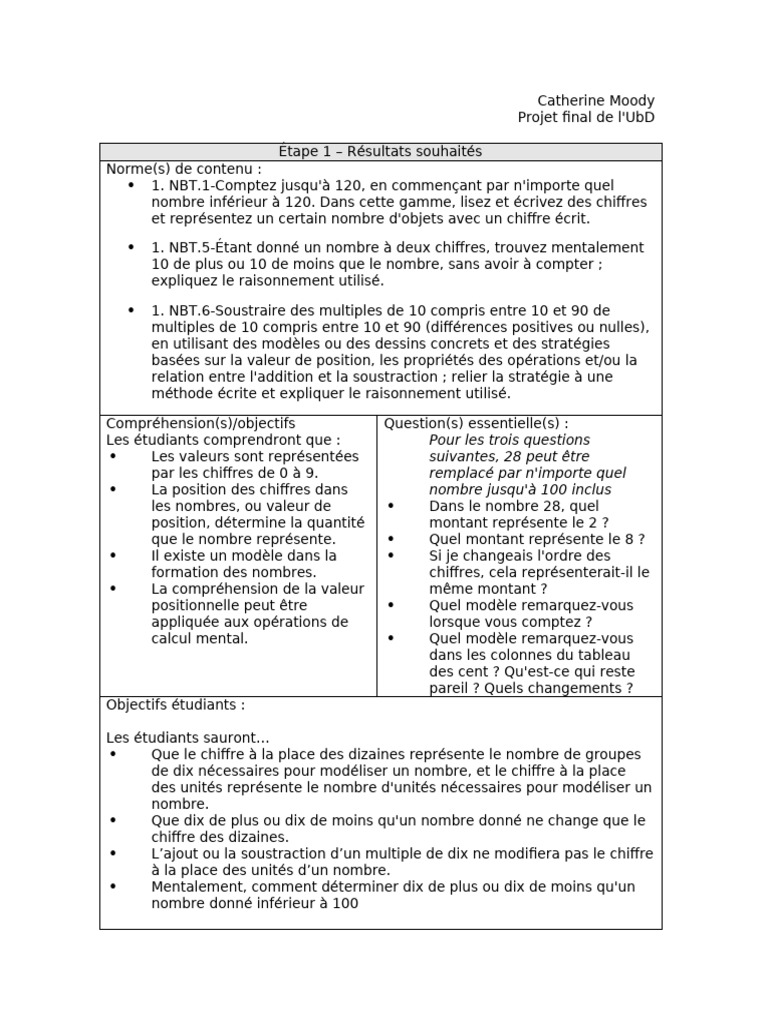 Unité UbD sur la valeur de position | PDF | Nombre | Mathématiques