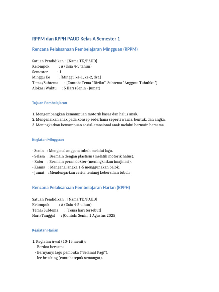 RPPM RPPH PAUD Kelas A Semester 1 | PDF