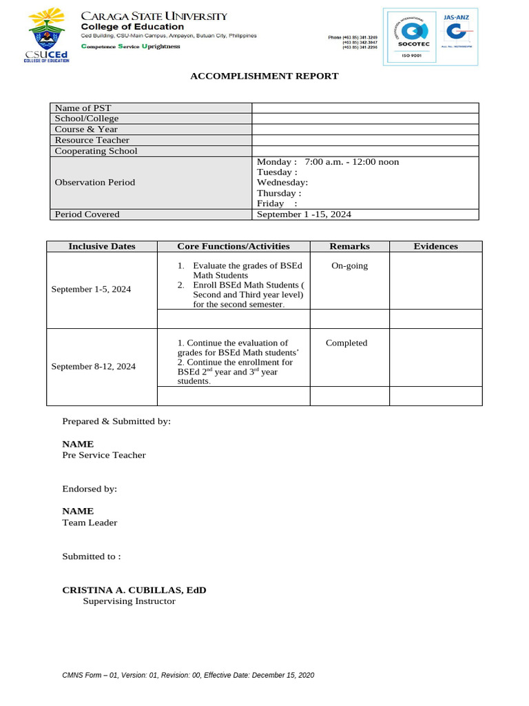 BSEd Math Student Accomplishment Report | PDF