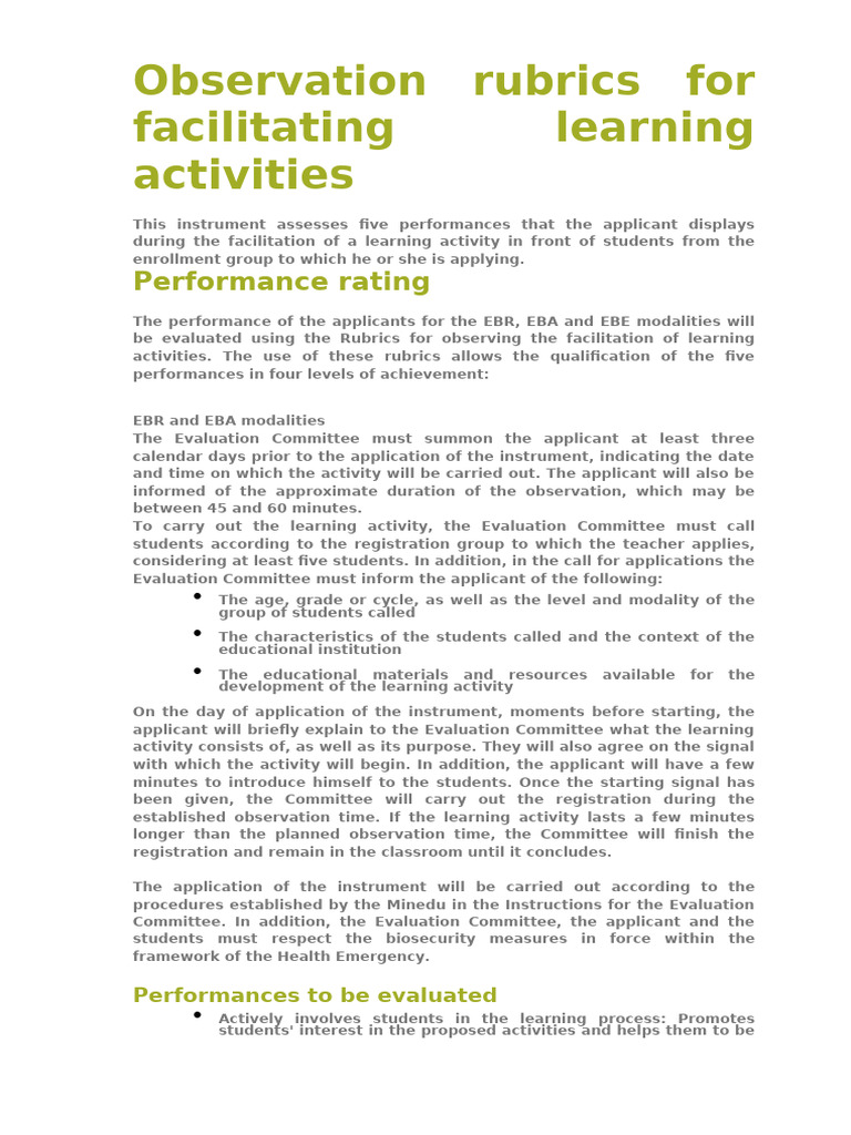 Observation rubrics for facilitating learning activities | PDF ...