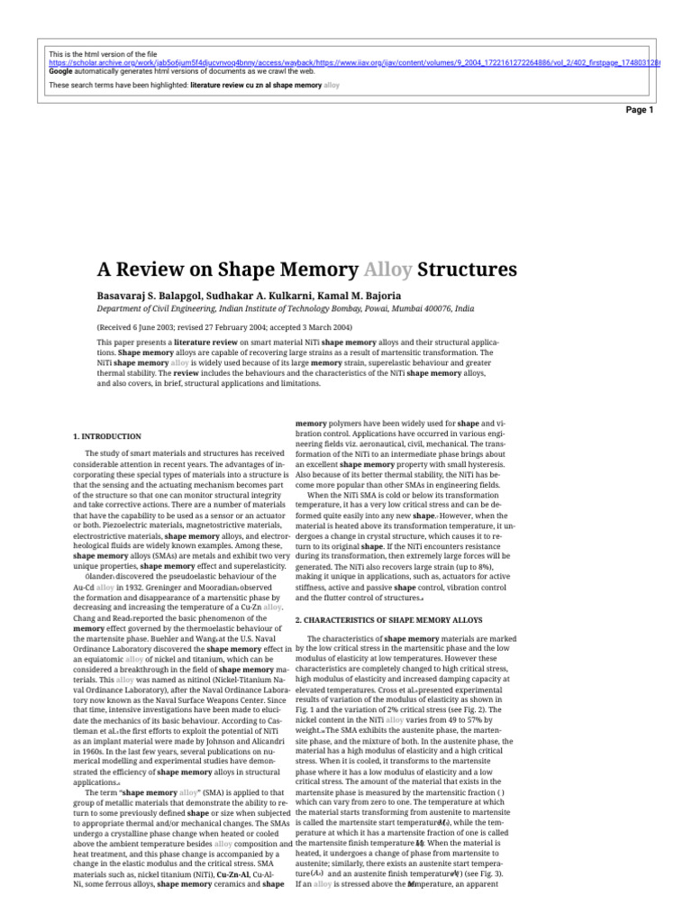 A Review On Shape Memory Alloy Structures | PDF | Shape Memory Alloy | Metals
