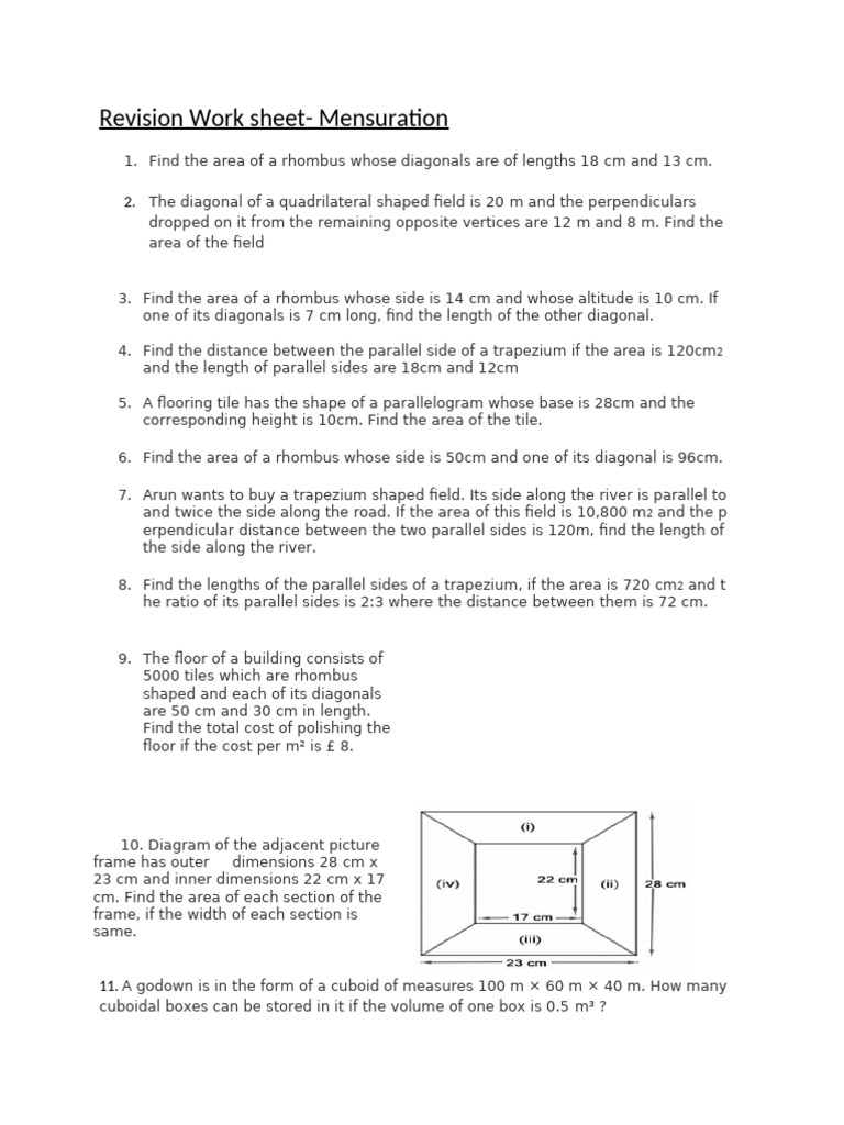 Revision Work Sheet- Mensuration (1) | PDF | Area | Volume