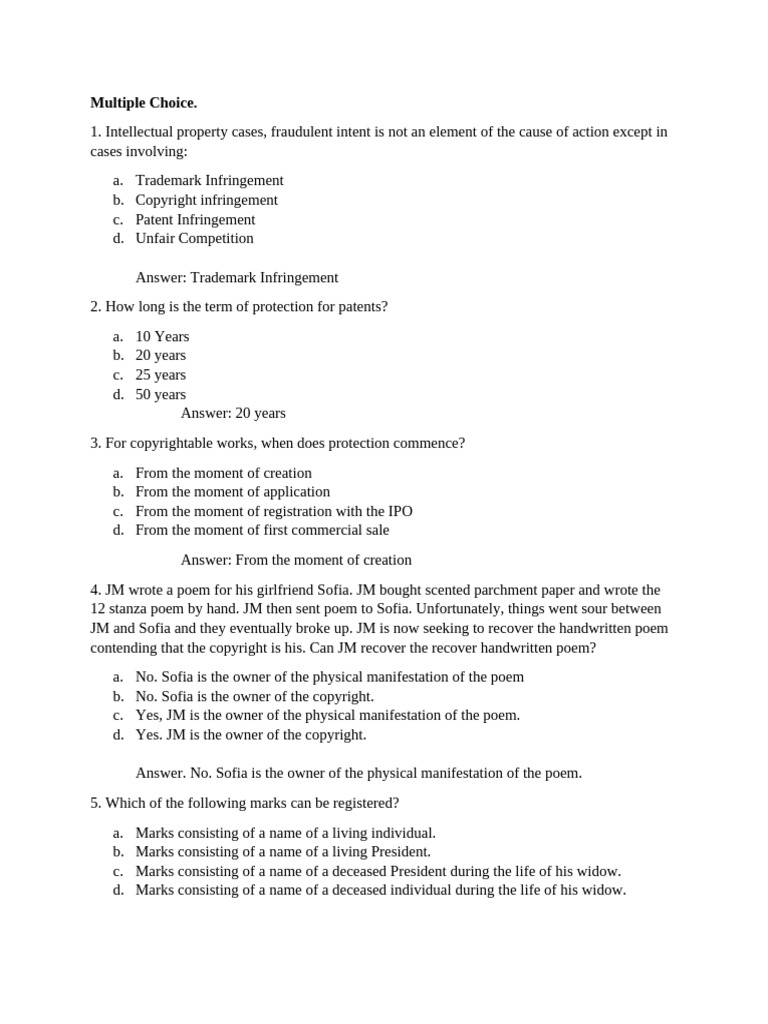 Intellectual Property Law Quiz Answers | PDF | Intellectual Property ...