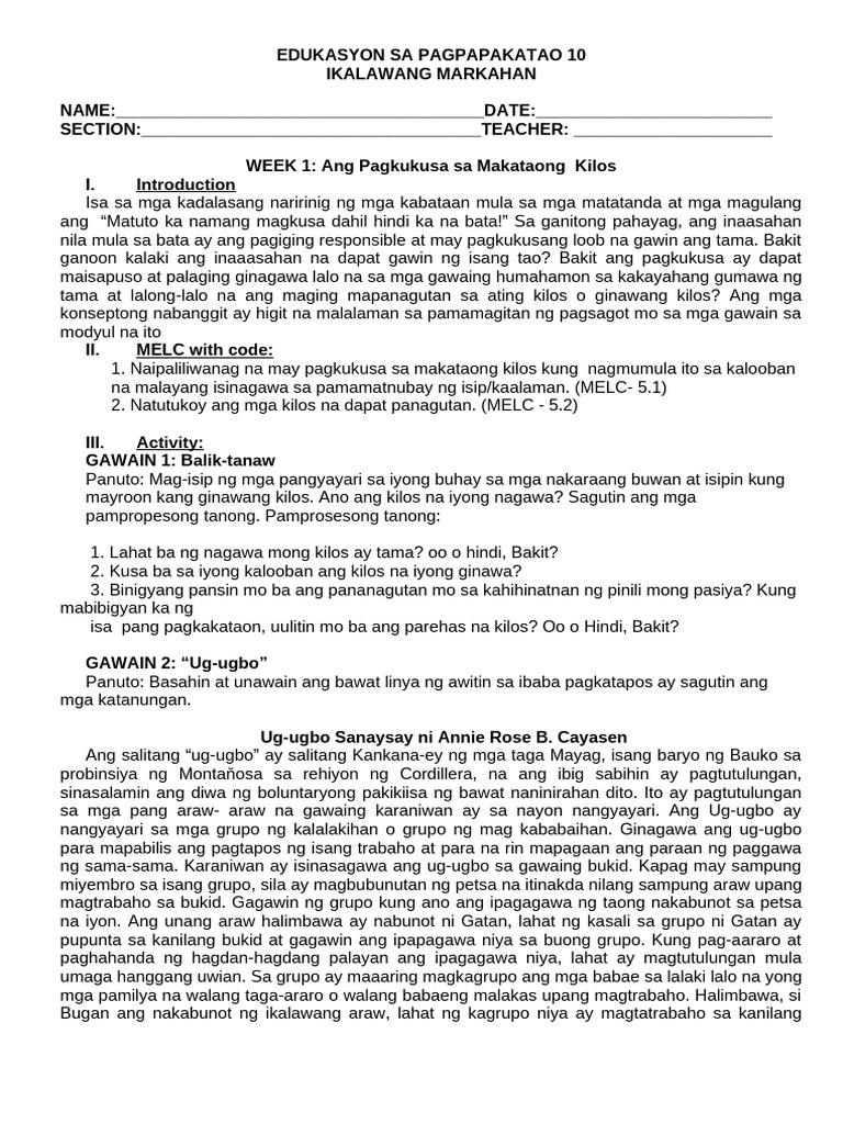 Esp 10 Activity Sheet Q2 | PDF