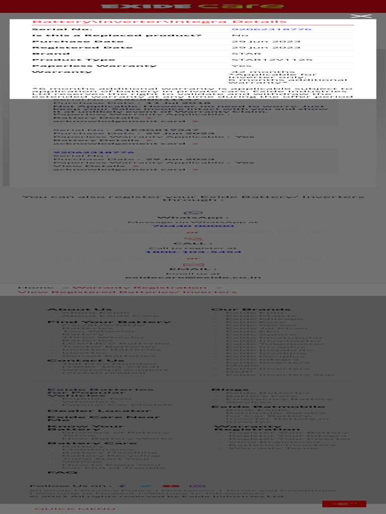 Exide Care - View Registered Batteries and Inverters | PDF | Motor ...