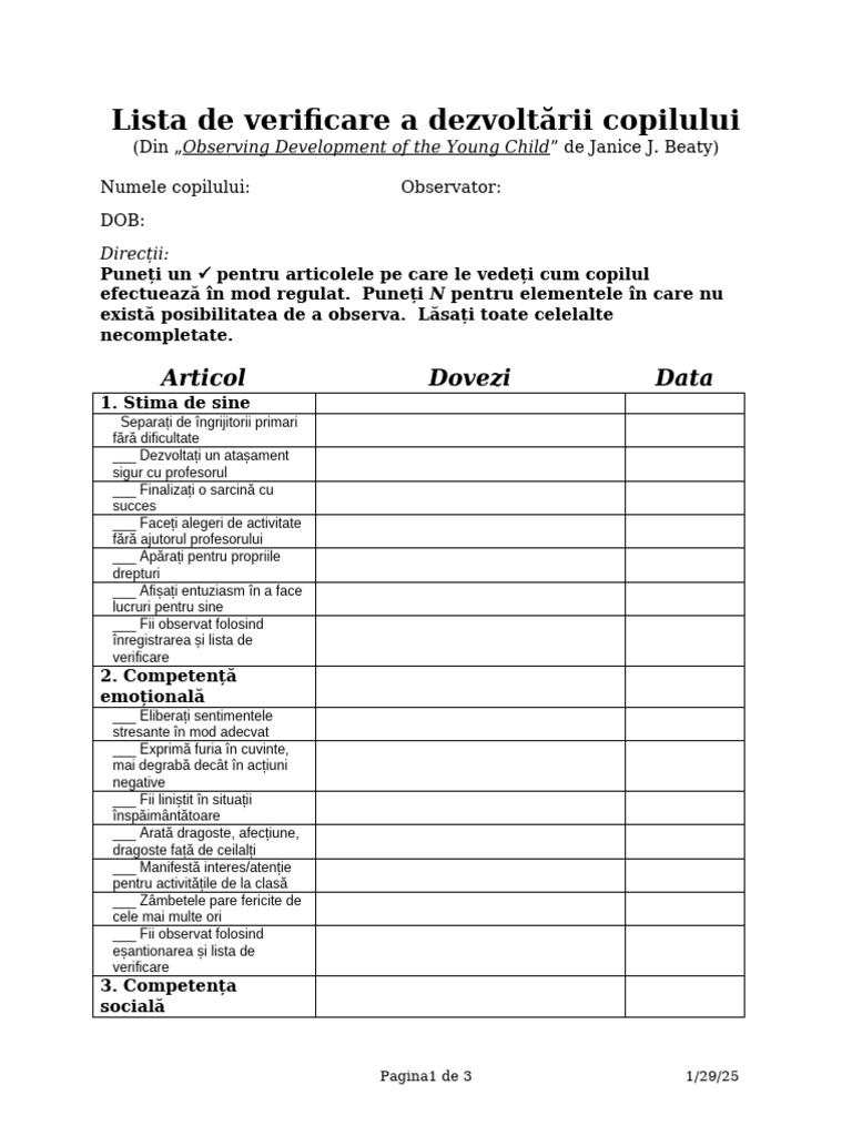 Lista de Verificare Pentru Dezvoltarea Copilului | PDF