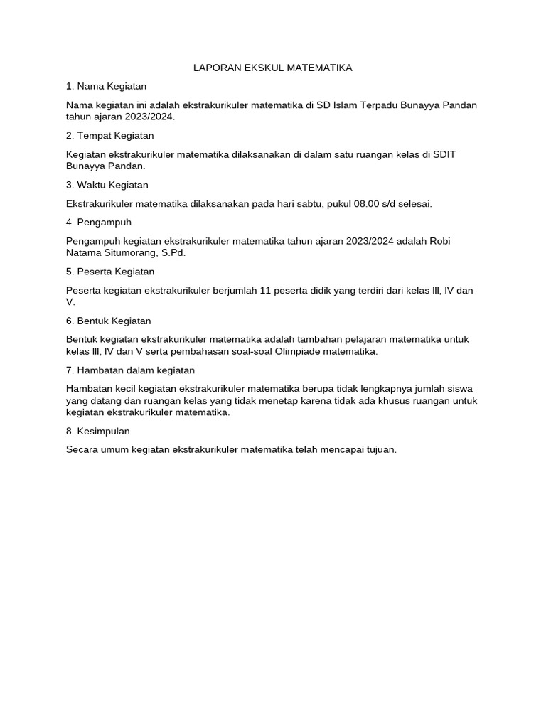 Laporan Ekskul Matematika | PDF