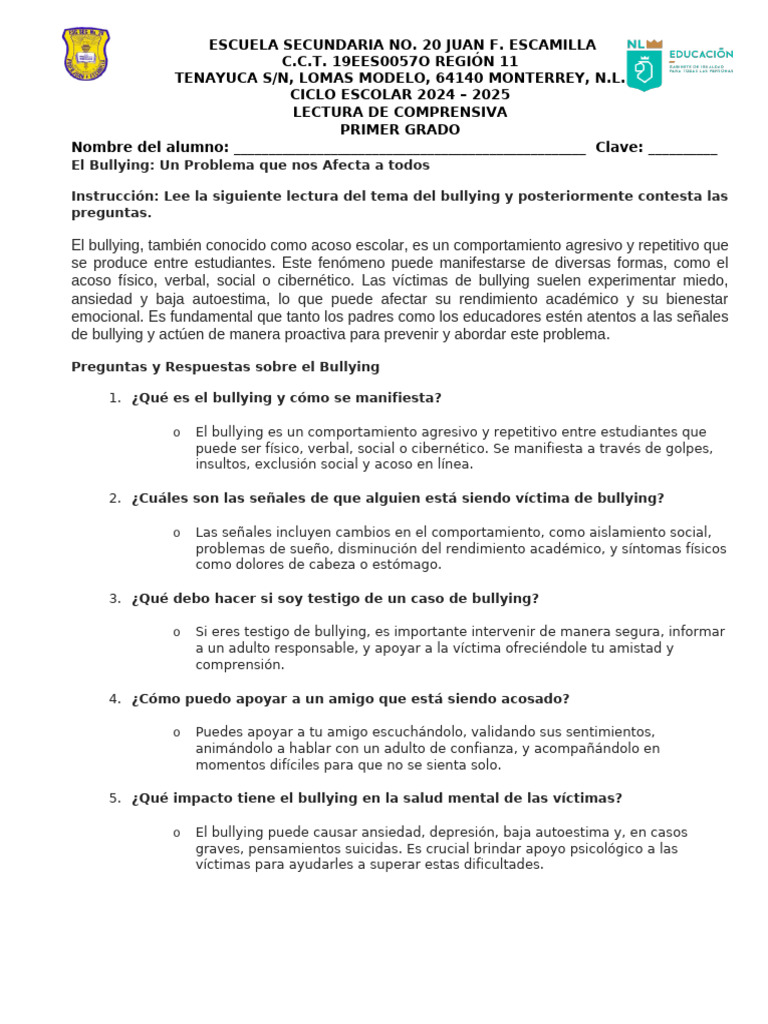 El Bullying Lectura Comprensiva | PDF | Sicología | Ciencias del ...