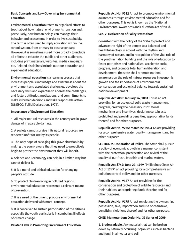 Basic Concepts and Law Governing Environmental Education | PDF ...