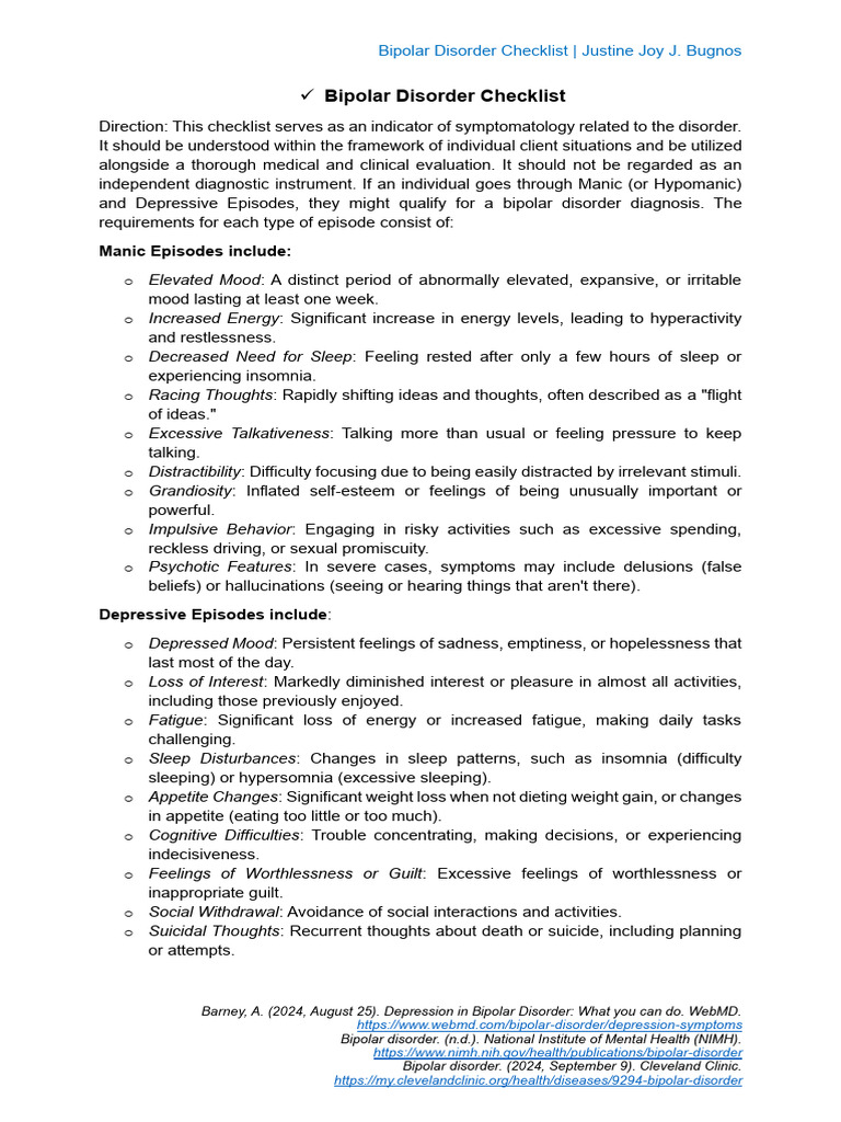 Bipolar Disorder Checklist | PDF | Bipolar Disorder | Major Depressive ...