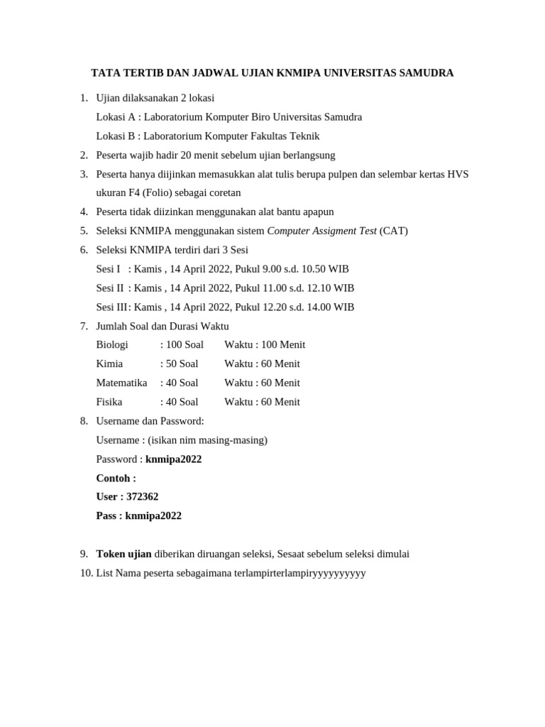 Jadwal dan Tata Tertib Ujian KNMIPA | PDF