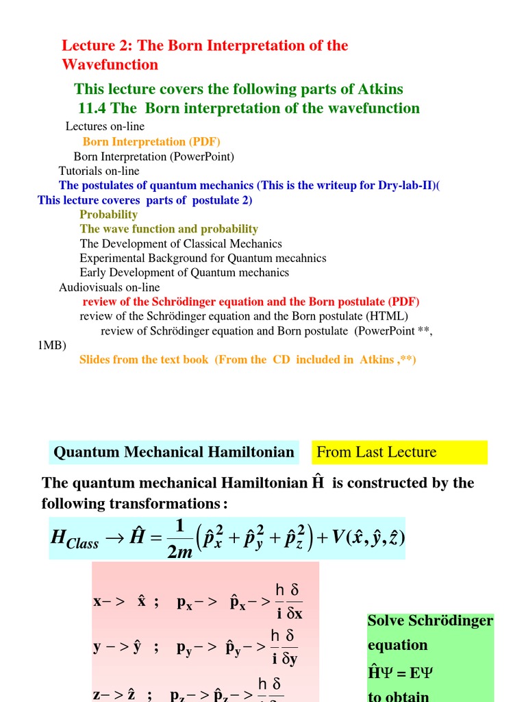 Chem 373 Lecture 2 The Born Interpretation Of The Wavefunction Wave Function Schrödinger 
