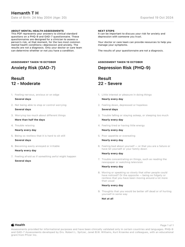 Health - Hemanth T H - Mental 2024-10-19 | PDF | Clinical Medicine | Disability