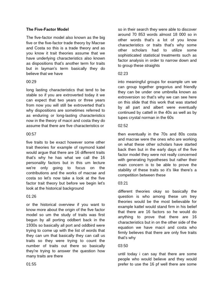 The Five Factor Model - Transcript | PDF | Extraversion And Introversion | Self Concept