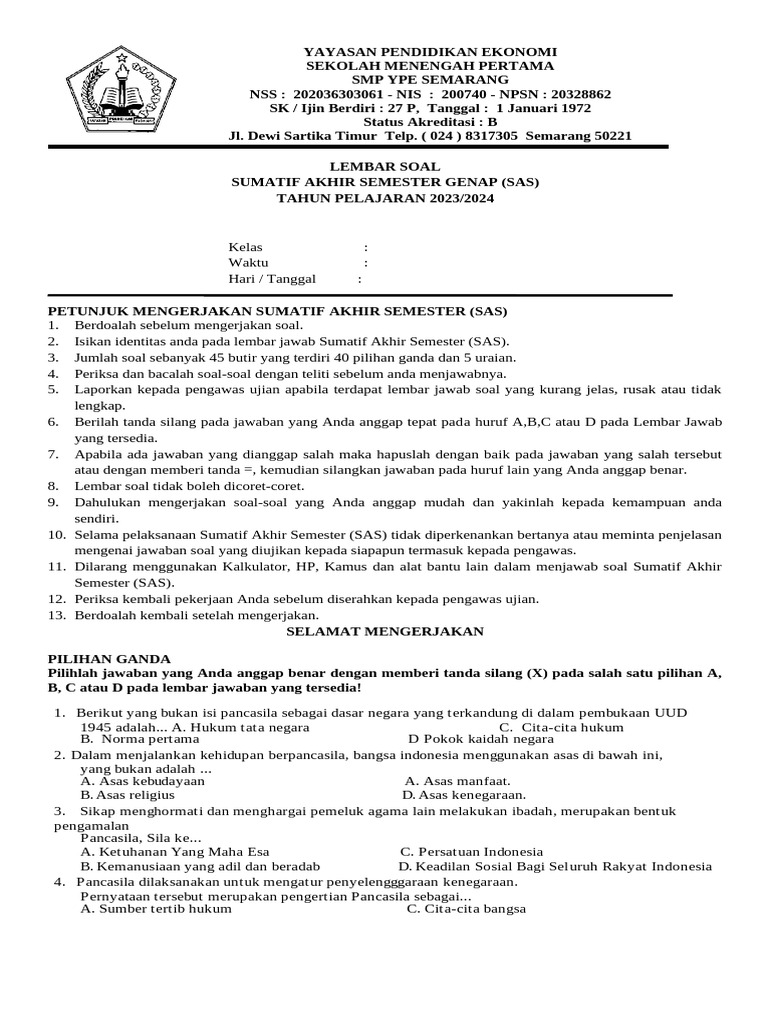 Sas Kelas Viii Mapel PKN | PDF