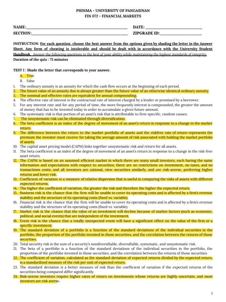 Fin 072 Quiz 2 Questionnaire 1 | PDF | Beta (Finance) | Financial Risk