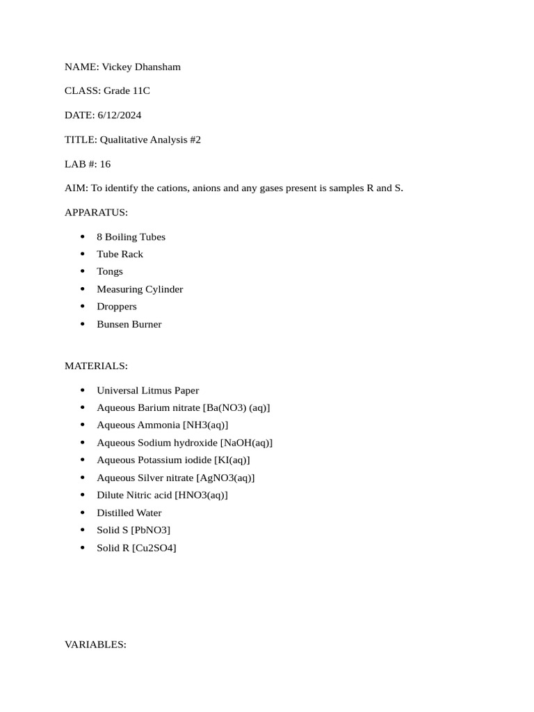CL #16 - Qualitative Analysis 2 | PDF | Precipitation (Chemistry ...