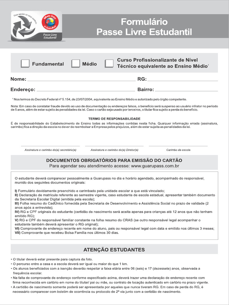 Formulario Passe Livre Estudantil 20240718 | PDF