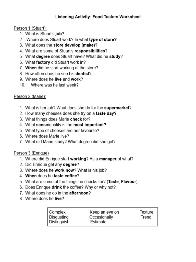 Food Tasters Listening Activity Worksheet | PDF | Foods