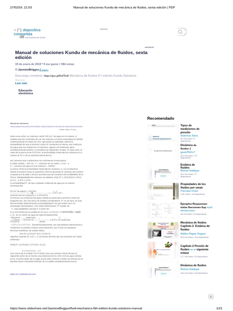 Manual de Soluciones Del 6to Edición de Mecánica de Fluidos Kundu - PDF | PDF | Viscosidad ...