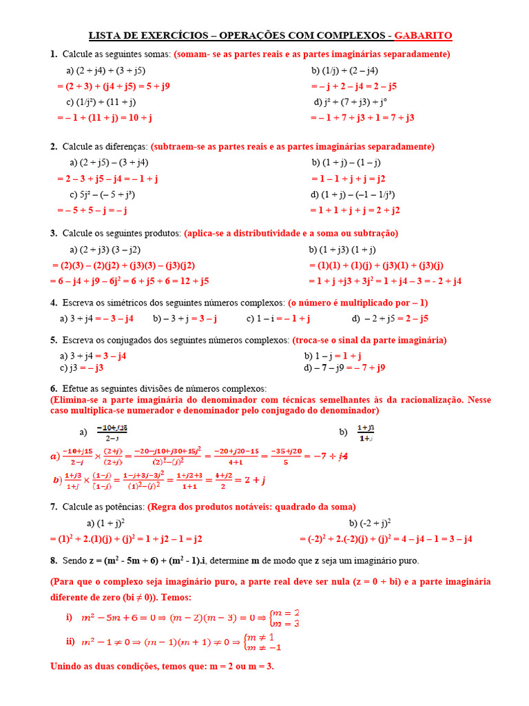 Aula 01.02 - Lista de Exercícios (Gabarito) | PDF | Número complexo | Eletricidade
