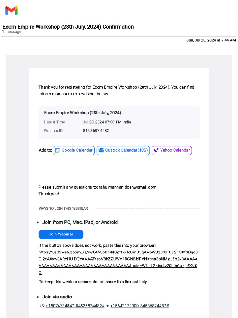 Gmail Ecom Empire Workshop 28th July, 2024 Confirmation | PDF