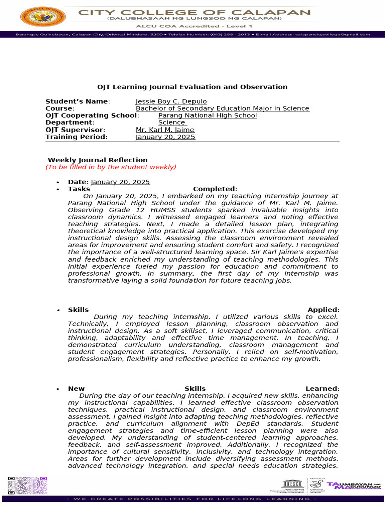 OJT Learning Journal: Teaching Internship Insights | PDF | Reflective ...