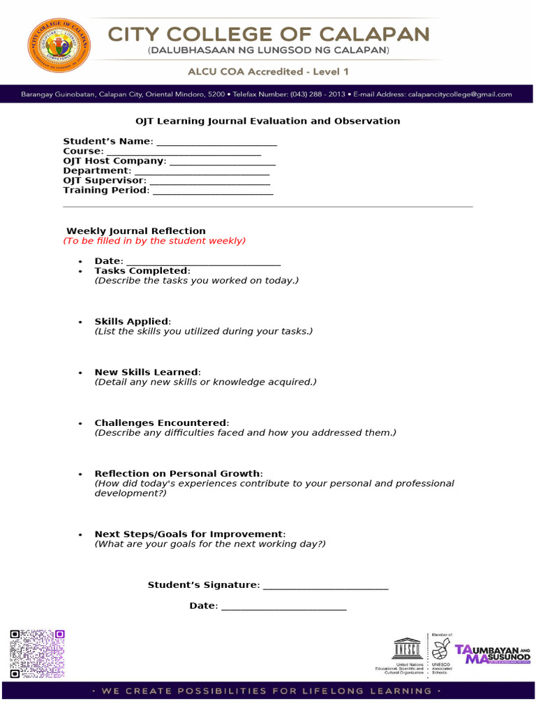 OJT Descriptive Learning Journal Evaluation and Observation | PDF ...