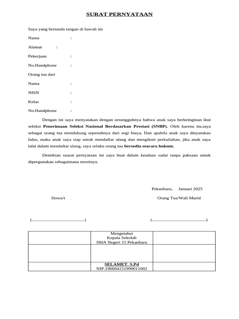 Surat Pernyataan SNBP | PDF