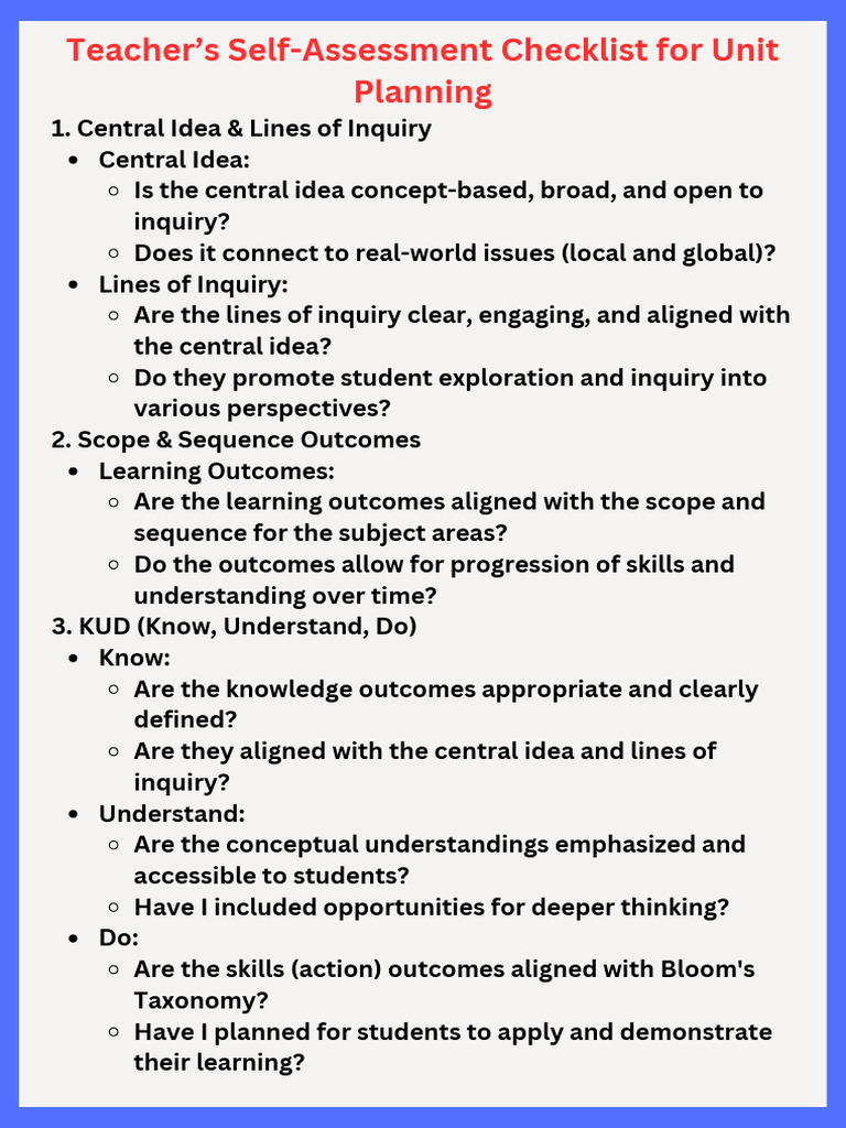 Teacher's Checklist for Unit Planning | PDF | Educational Assessment ...