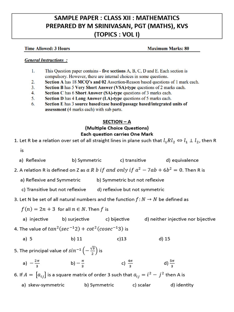 Class Xii Maths Sample Paper 1 - Vol I Topics | PDF | Equations | Mathematical Physics